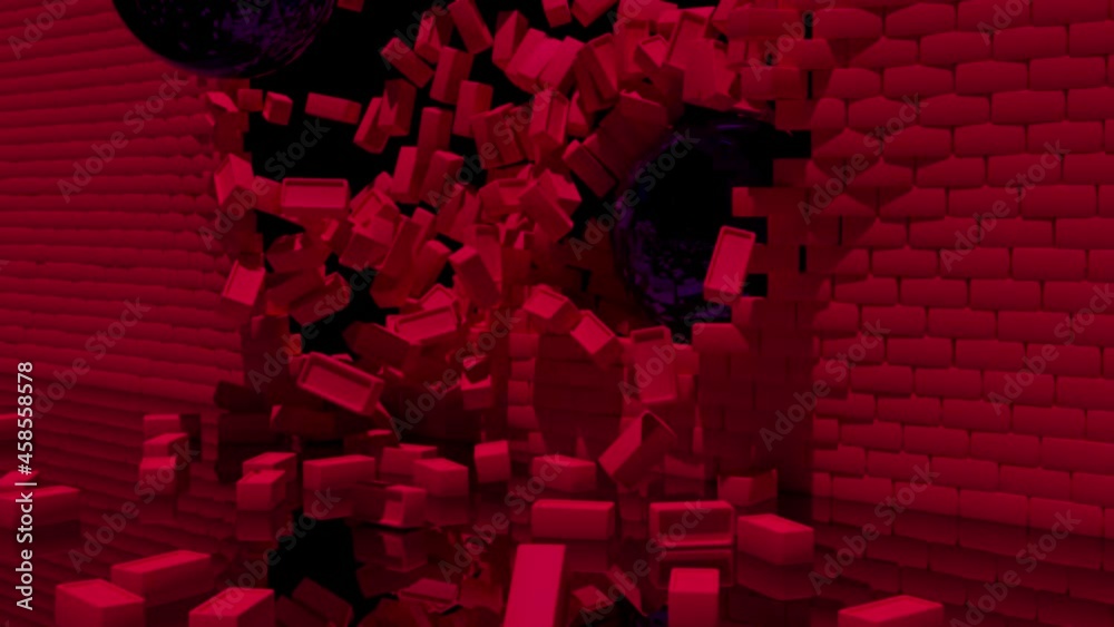 Moment of destroying a red brick wall by concrete spheres on a dark ...