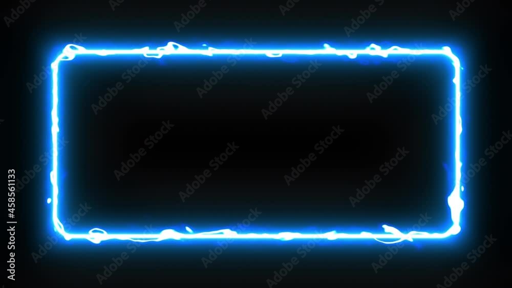 Blue bright flashing neon frame with the effect of electric flashes on ...