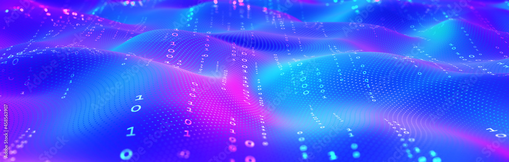 Digital waves. Data analysis. Binary code. Wavy Plane, Nodes and Points in Curved Space ...