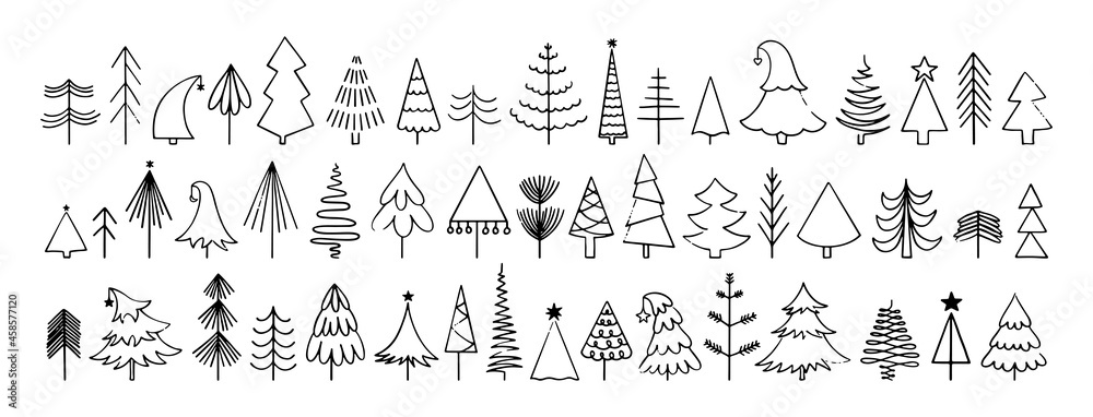 Christmas trees collection in black isolated on white background. Line ...