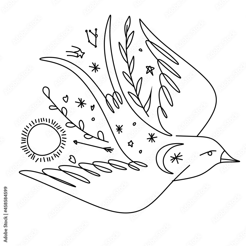 Line art dove. Flying pigeon logo drawing. Black and white vector ...