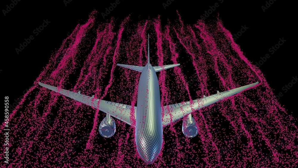 Air flow around airplane body. Front view wind tunnel particle flow ...