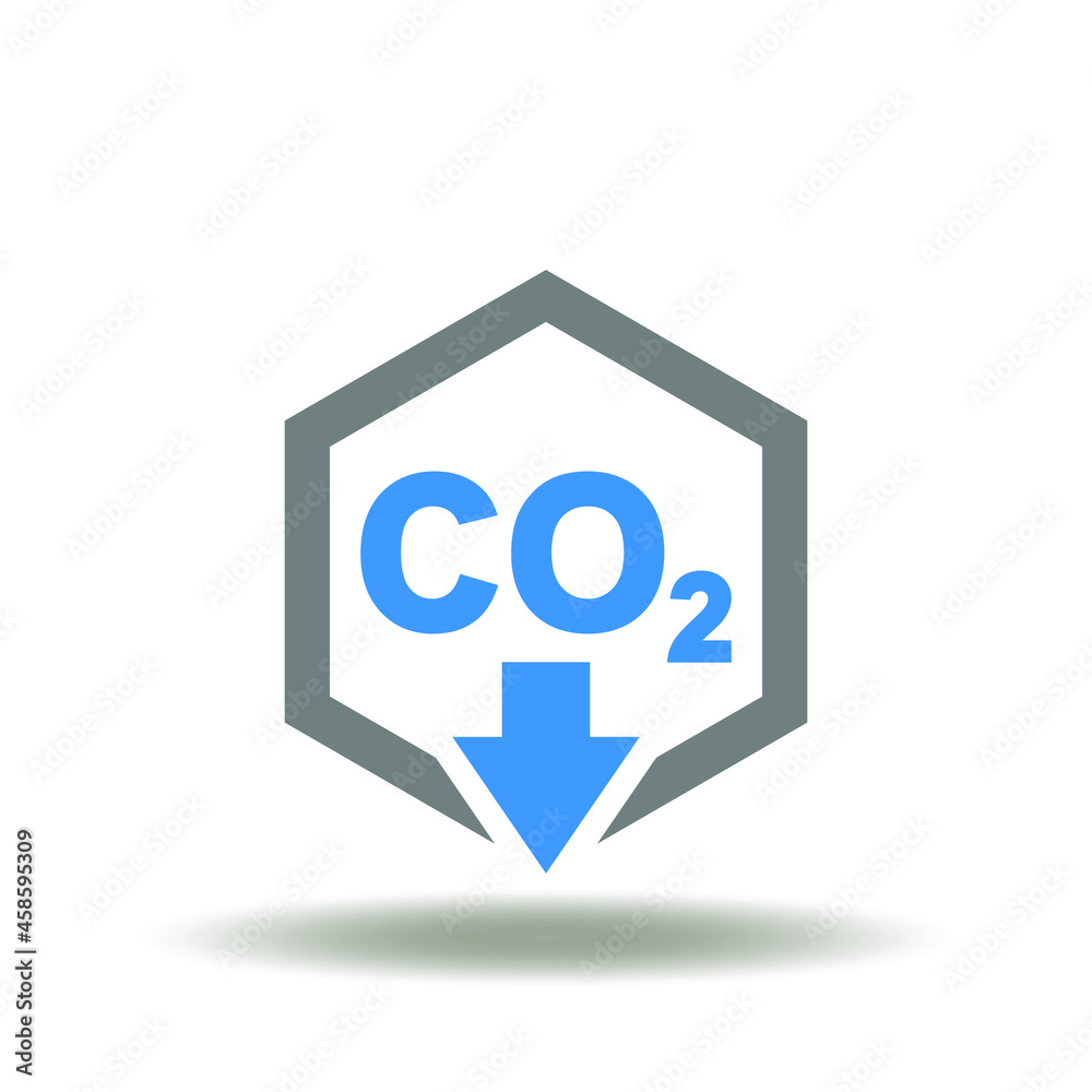 Vector illustration of hexagon with CO2 and arrow down. Symbol of CO2 ...