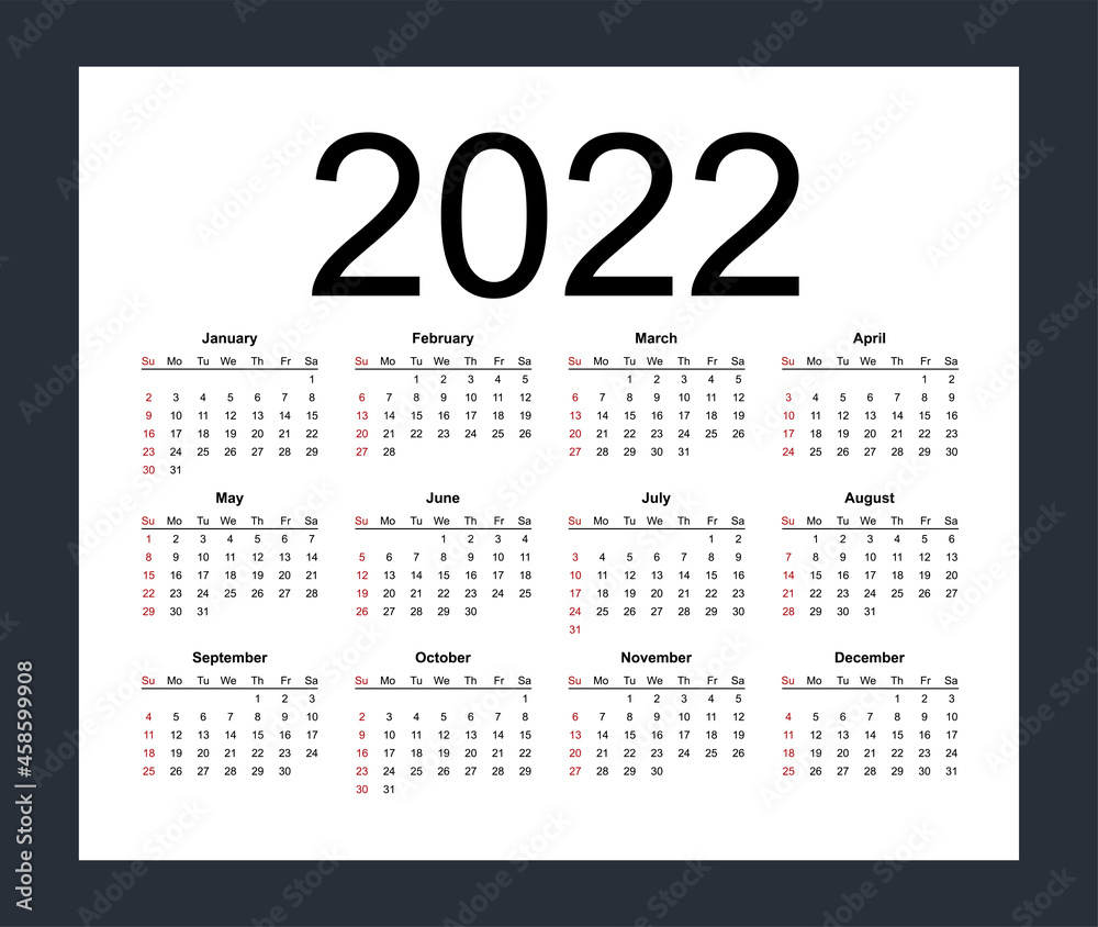 Calendar template for 2022 year. Week starts from Sunday. Isolated ...