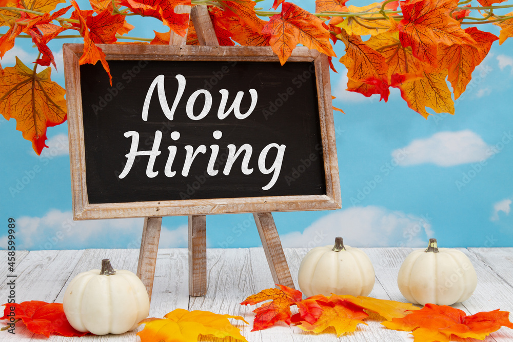 Now hiring sign with standing chalkboard with fall leaves with pumpkins ...