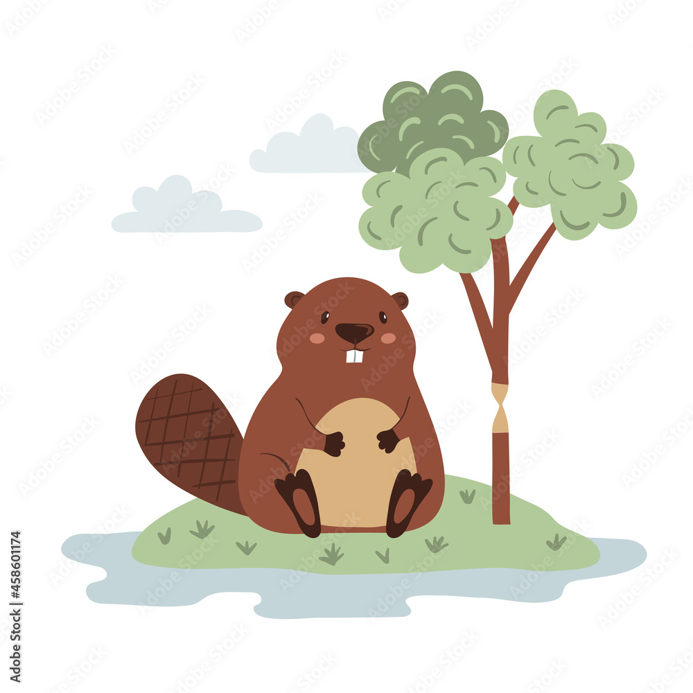 Cute cartoon beaver and tree. Vector illustration. Stock Vector | Adobe ...