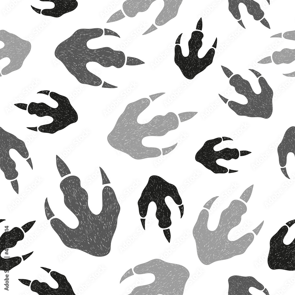 Dinosaur footprints seamless pattern. Vector black and white doodle ...