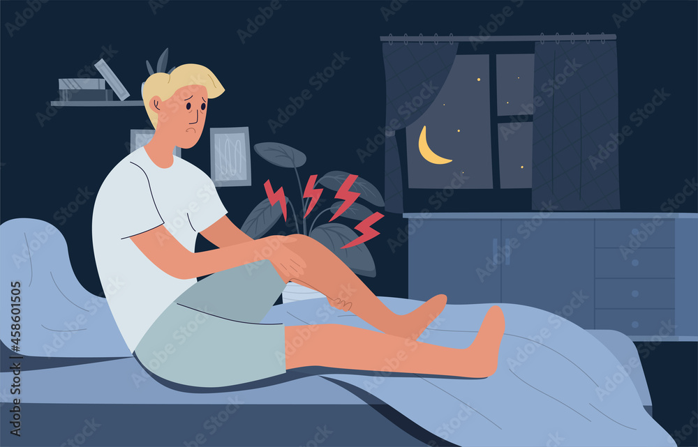 Young male character woke up in the middle of the night from strong leg ...