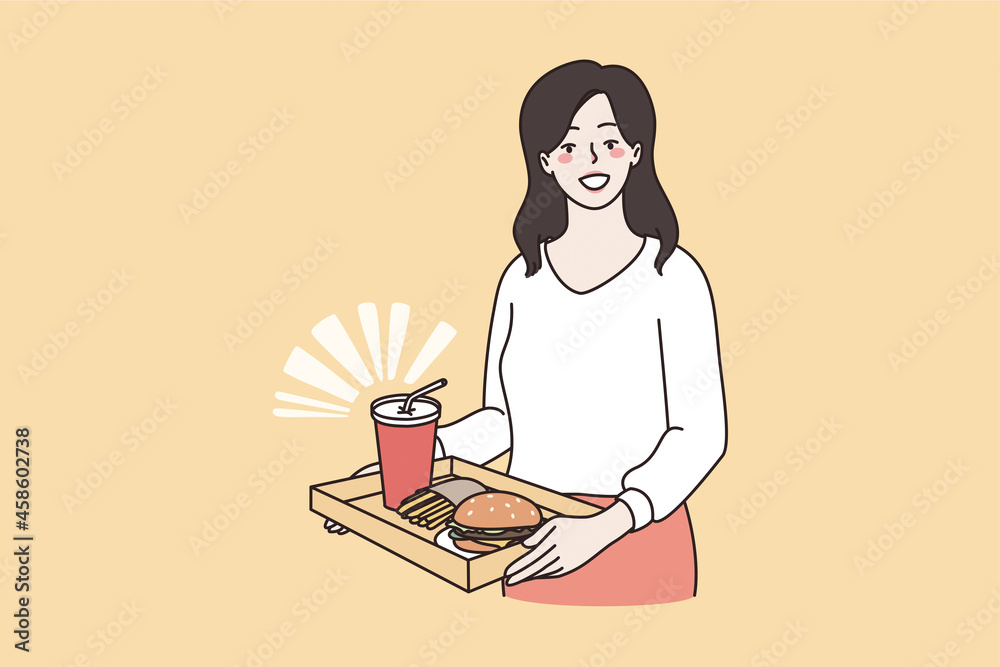 Unhealthy eating and fat diet concept. Young smiling woman cartoon ...