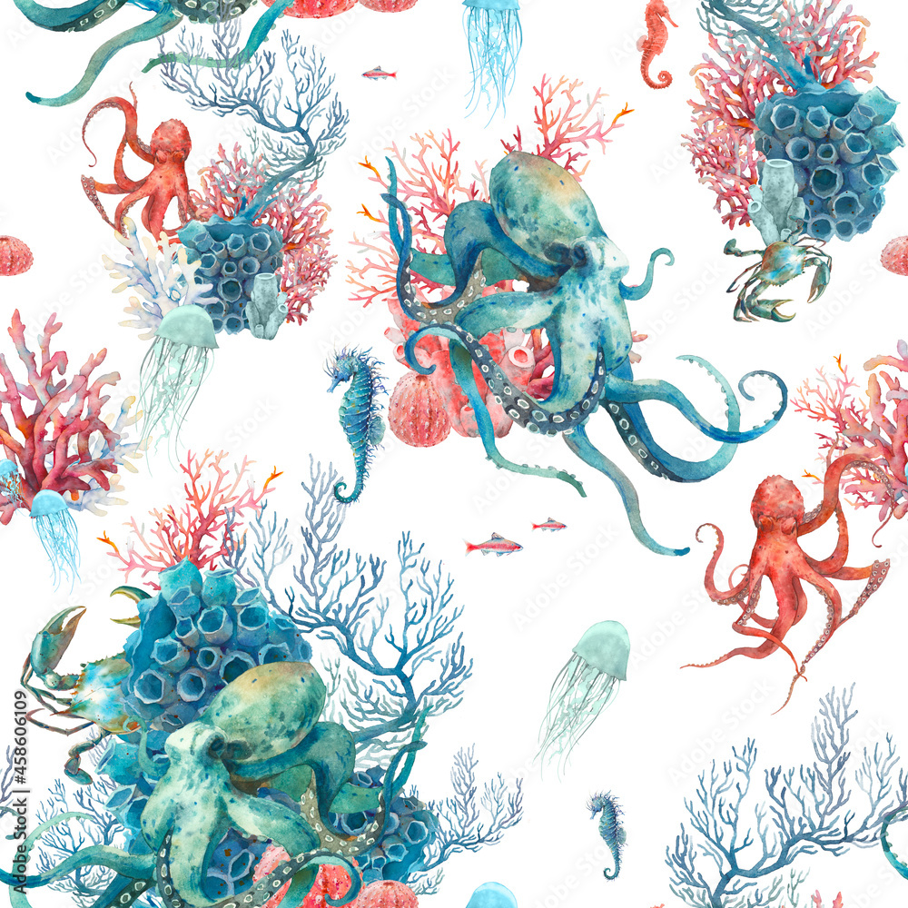 Watercolor coral reef seamless pattern. Hand drawn realistic background ...