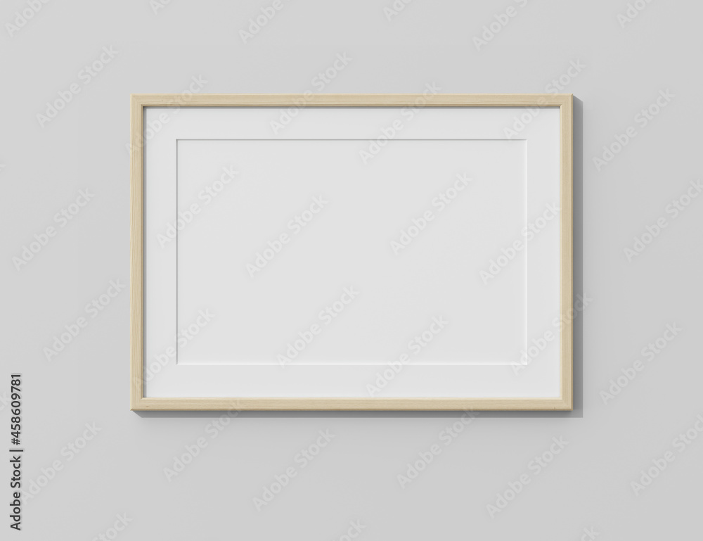 Wooden frame on white wall. 3D render wooden frame mock up. Empty interior. 3D illustrations. 3D ...