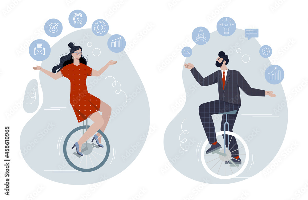 Male and female characters are riding unicycle and juggling office ...