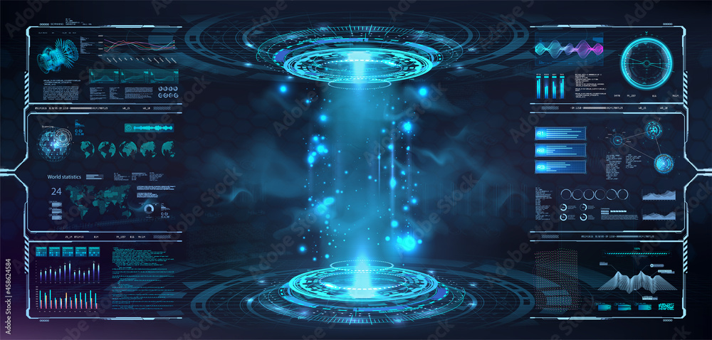 Futuristic circle portal, hologram, teleport with HUD interface in 3D ...