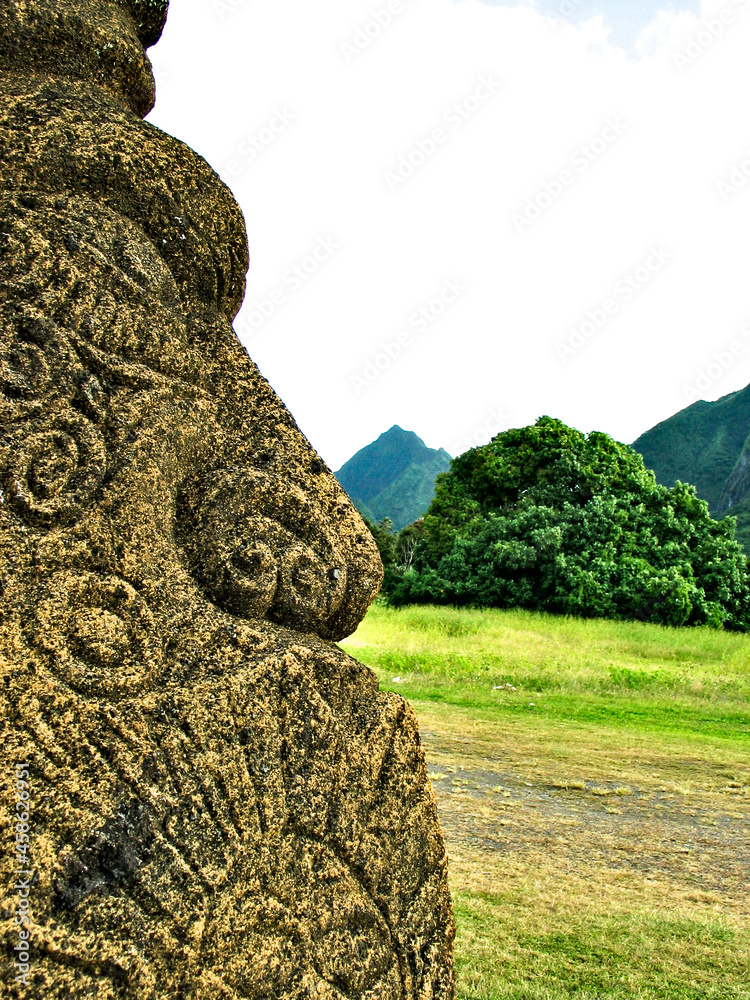 Polynesian stone sculpture, authentic old Polynesian art. Stock Photo ...