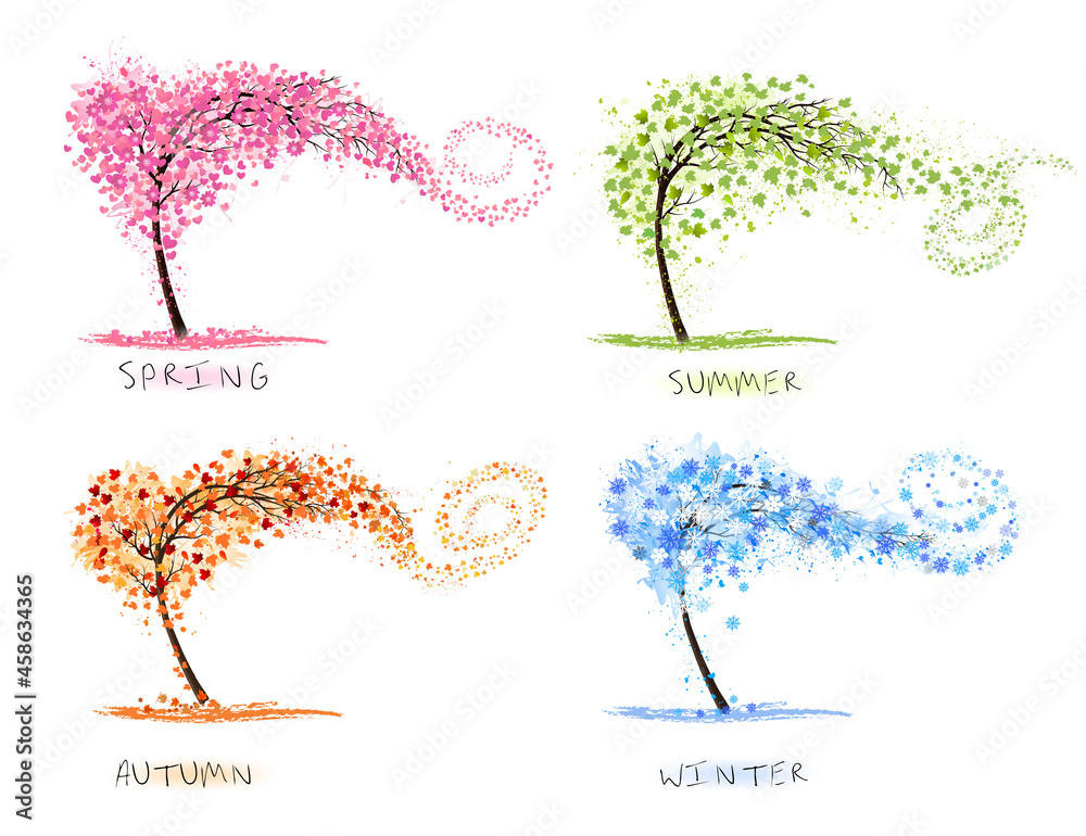 Nature Four stylized trees representing different seasons spring ...