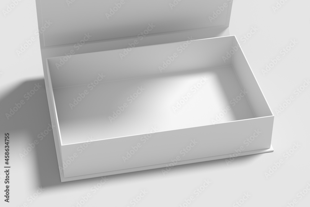 White opened rectangle folding gift box mock up on white background ...