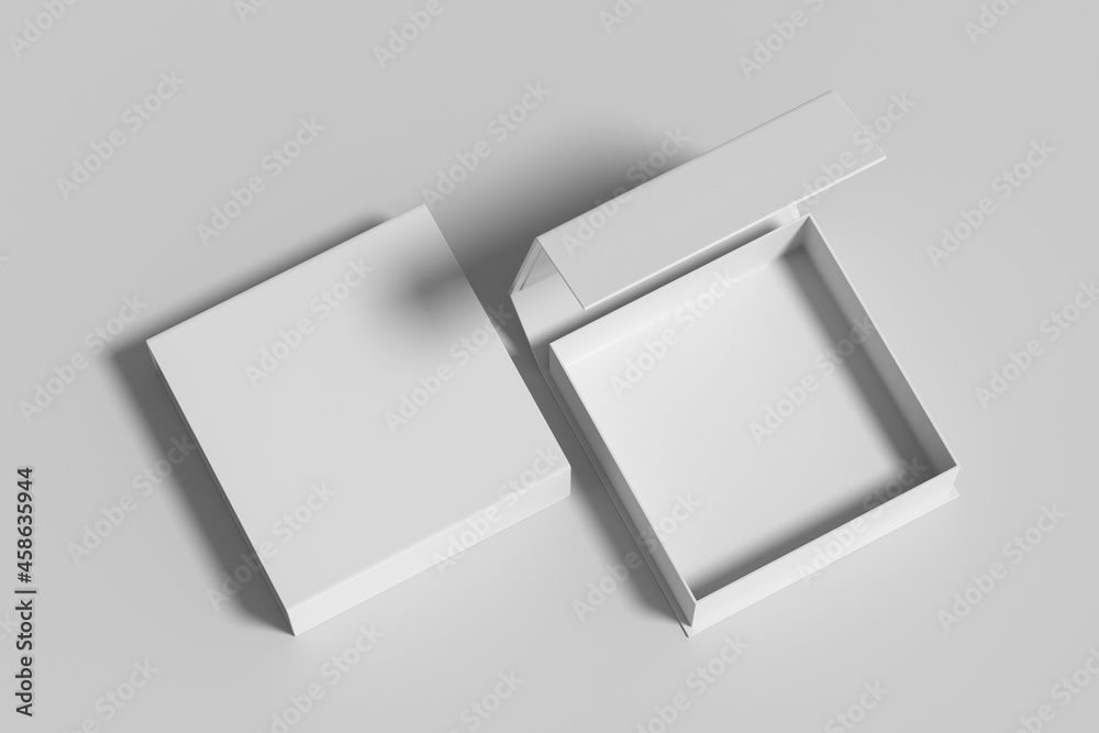 White opened and closed square folding gift box mock up on white ...
