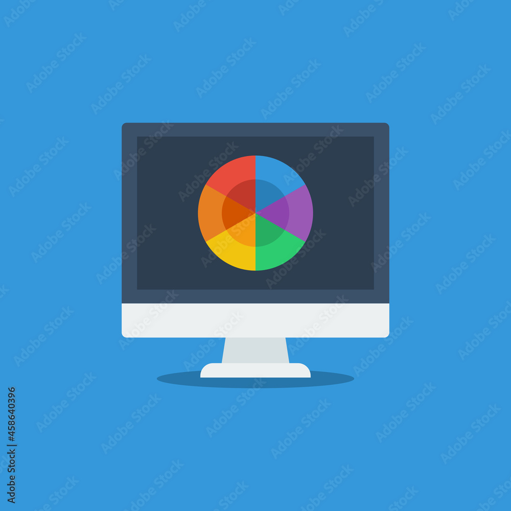 Color palette on computer screen. Monitor with color palette icon. Flat ...