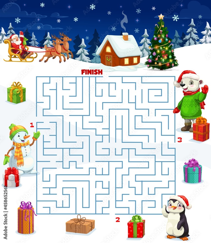 Christmas maze game with square labyrinth, cartoon vector Christmas ...