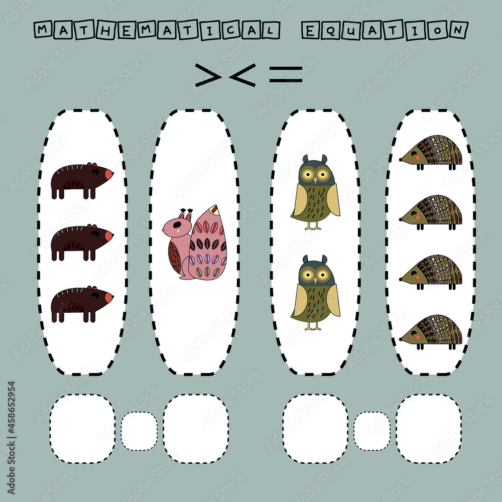 Which is greater, less or equal game with funny hedgehog, squirrel ...