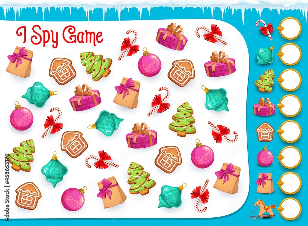 I spy educational game for kids with Christmas sweets and items, vector ...