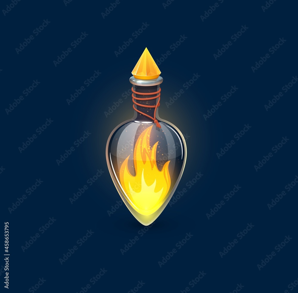 Witchcraft glass potion bottle with burning fire flames, vector magic ...