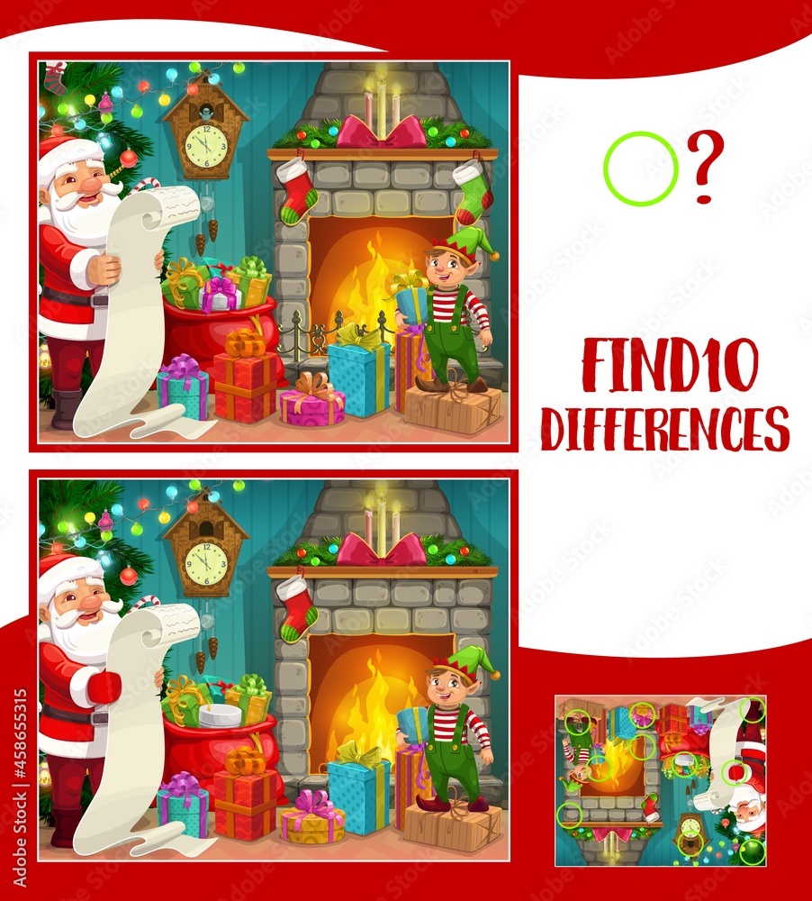 Kids find ten differences Christmas game. Santa Claus reading wishes ...