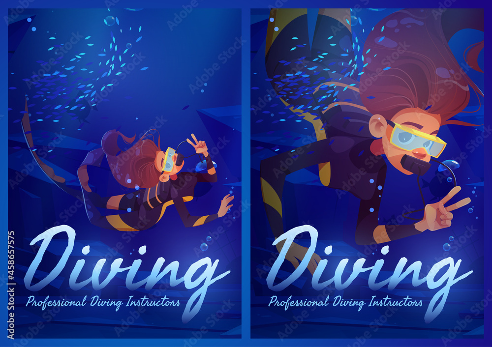 Diving instructors professional service, scuba club ad posters. Diver ...
