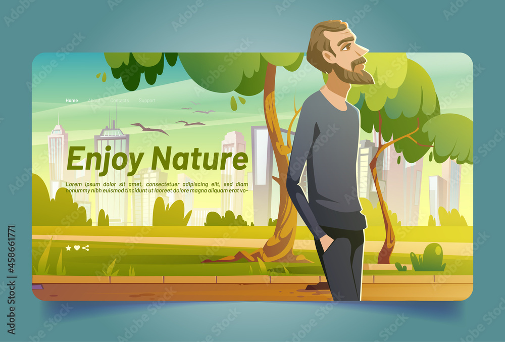 Enjoy nature banner with man walking in city park with green trees and ...