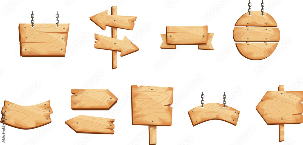 Vector cartoon set of old wooden panels, square and round wooden boards ...