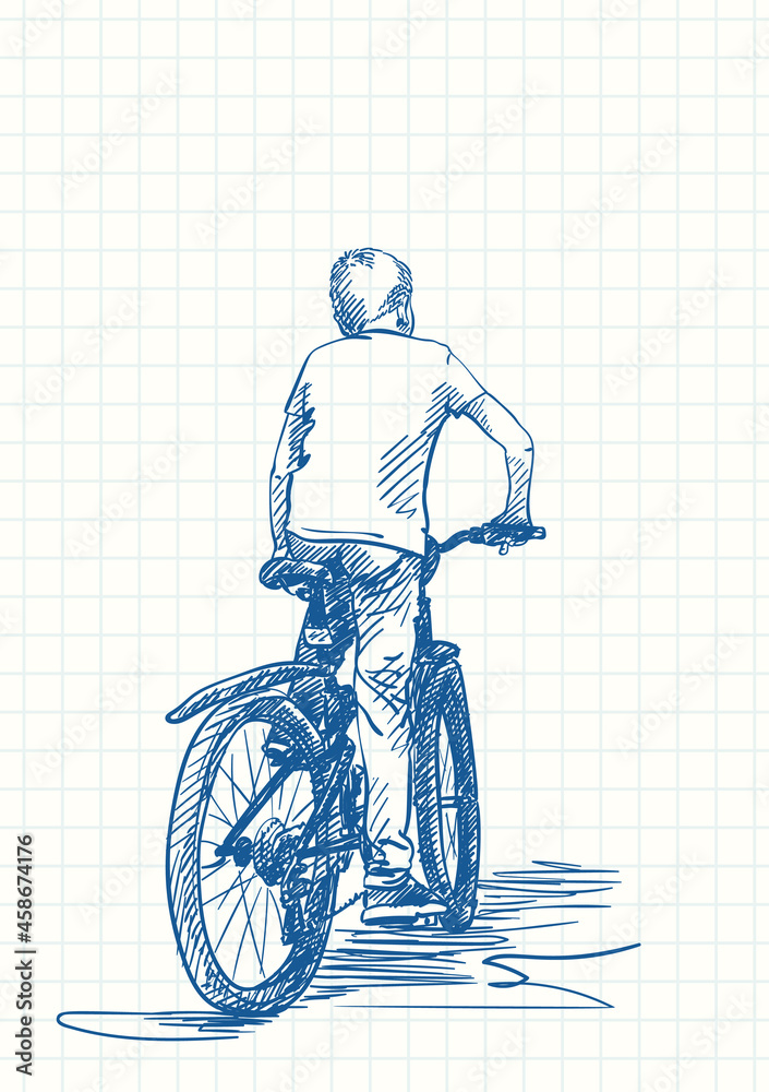 Boy riding bicycle, Blue pen sketch on square grid notebook page, Hand ...