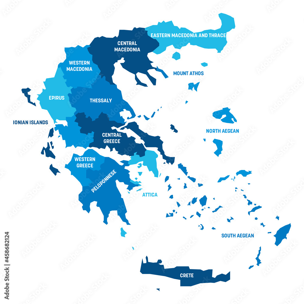 Blue political map of Greece. Administrative divisions - decentralized ...