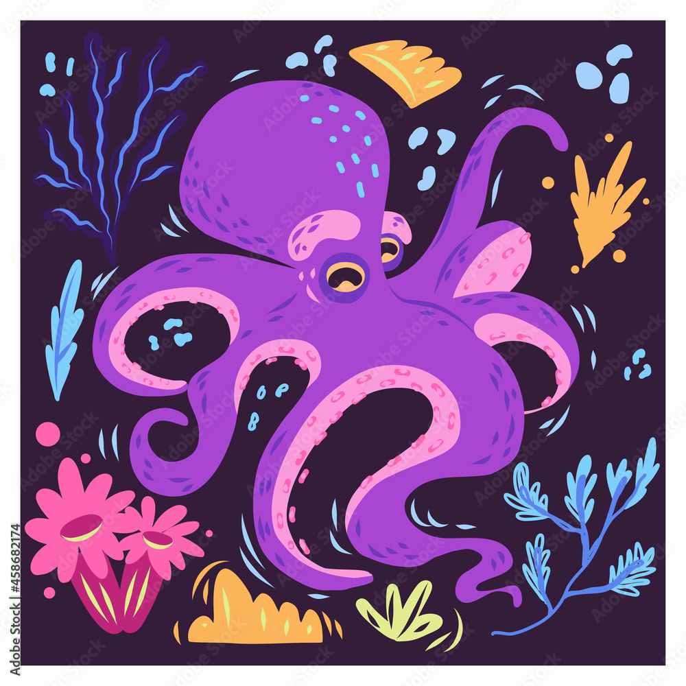 Purple octopus hand drawn flat vector illustration. Cute cartoon ...