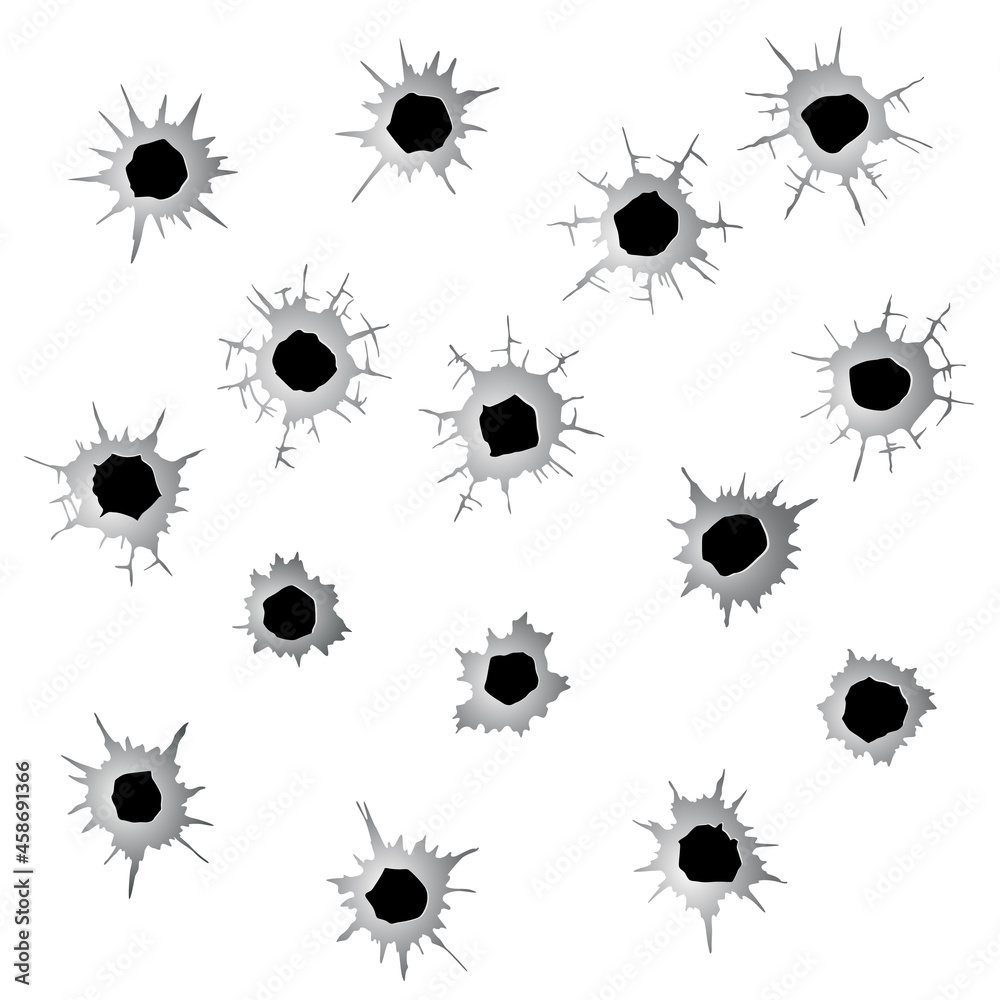 Bullet holes set. Ragged hole, damage and cracks on surface from bullet ...