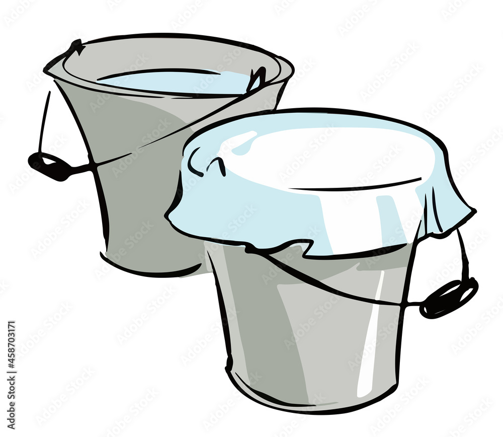 Cartoon two buckets of milk. A bucket of milk and a bucket covered with ...