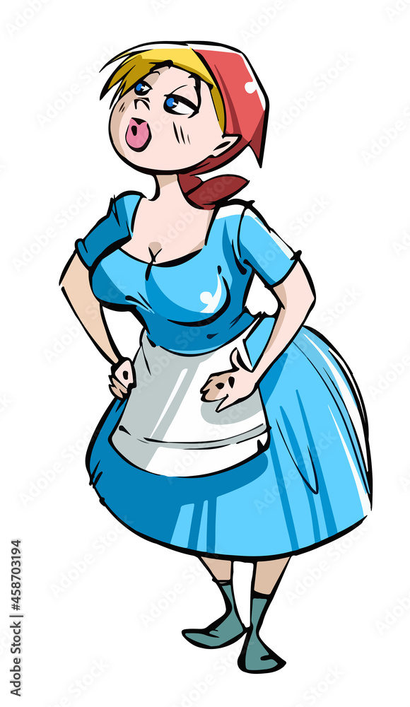 Cartoon cute girl housewife indignant and unhappy. Beauty with a red ...