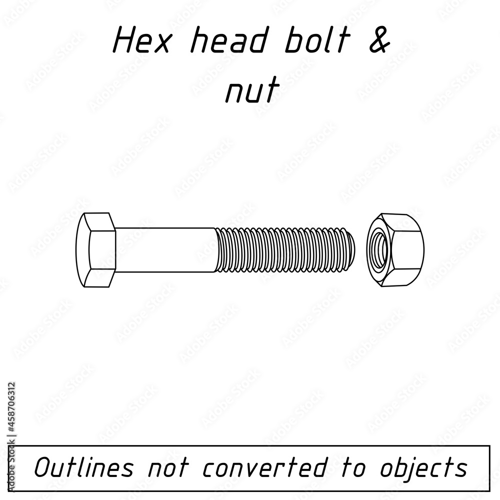 hex head bolt and nut fastener outline blueprint Stock Vector | Adobe Stock