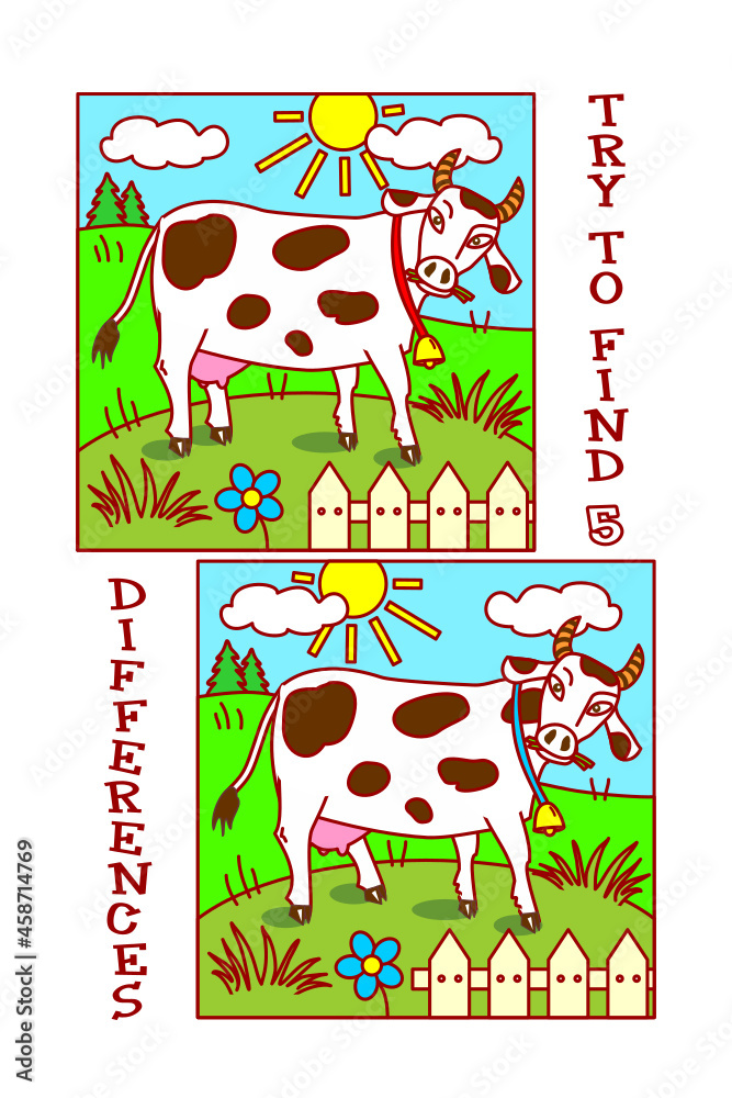 Find differences visual puzzle or picture riddle with milk cow on the ...