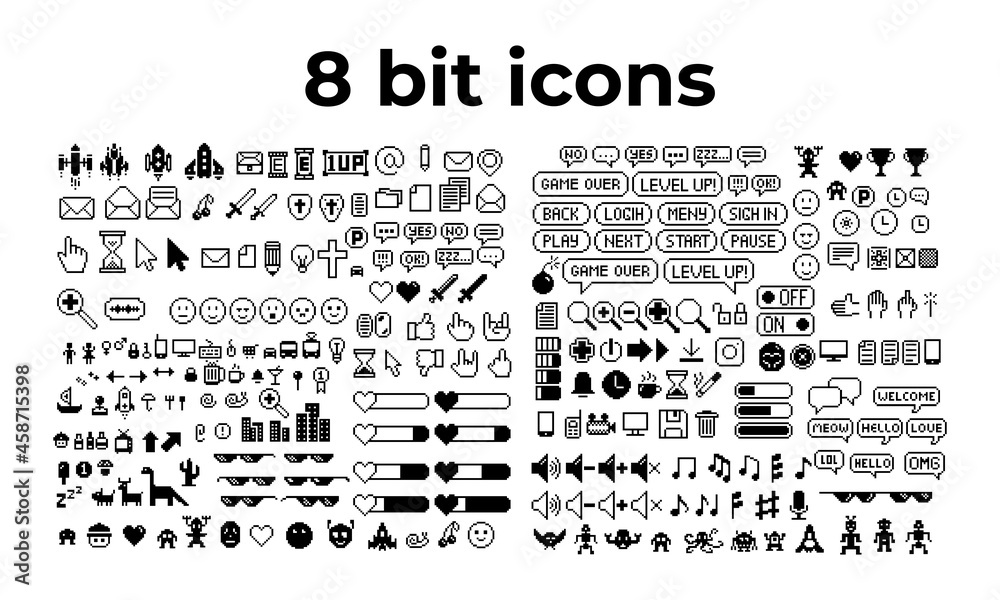 Pixel art outline, black and white 8-bit for website or mobile ui Stock ...