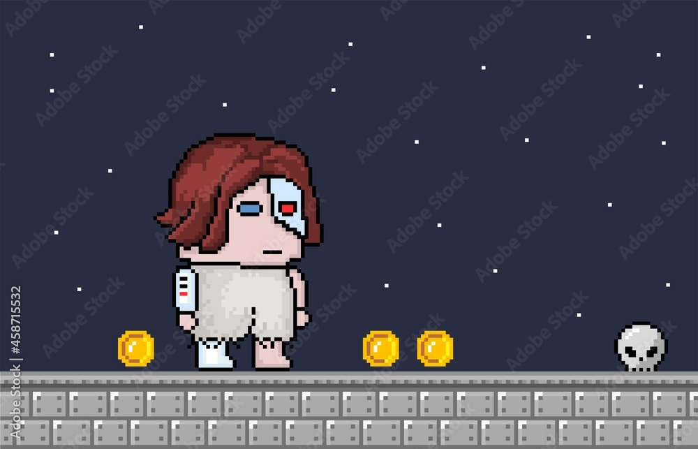 Pixel game background with ground, grass, sky and props and character ...