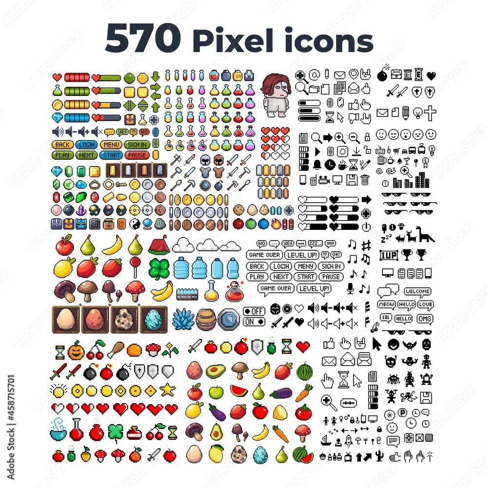 Set of 8-bit pixel graphics icons. Isolated vector illustration. Game ...