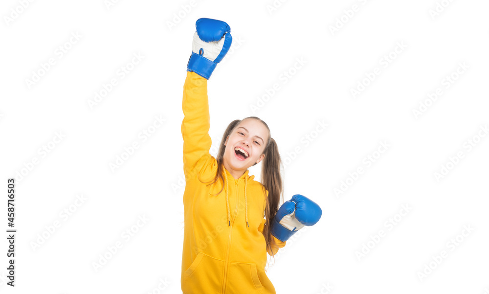 happy child boxer in boxing gloves celebrating victory in fight ...
