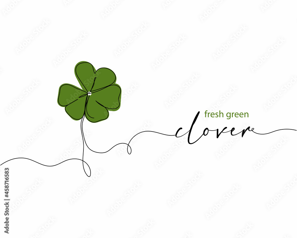 Continuous one line drawing of fresh green clover leaf in silhouette on ...