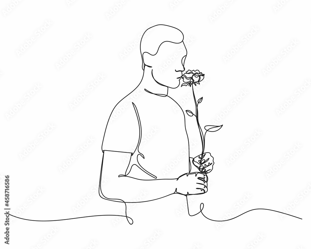 Continuous one line drawing of handsome man flower rose womens day ...