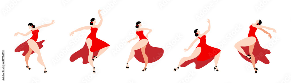 Elegant woman in a red dress dancing a Latin American dance. Set of ...