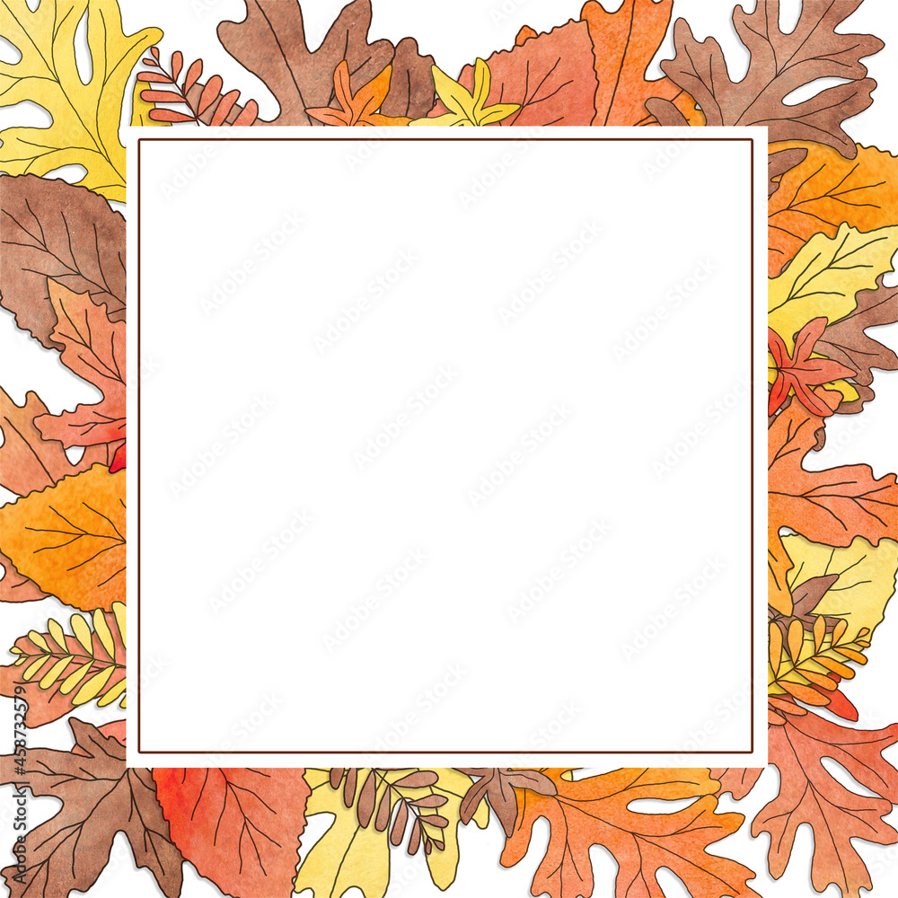 Square Autumn Frame Design (4). Hand drawn watercolor of colorful ...