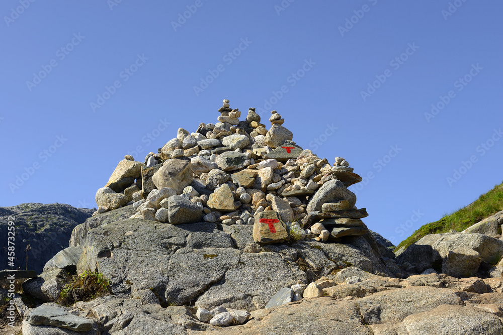Trail to Kjeragbolten. Landscapes of the Norwegian mountains, where the ...