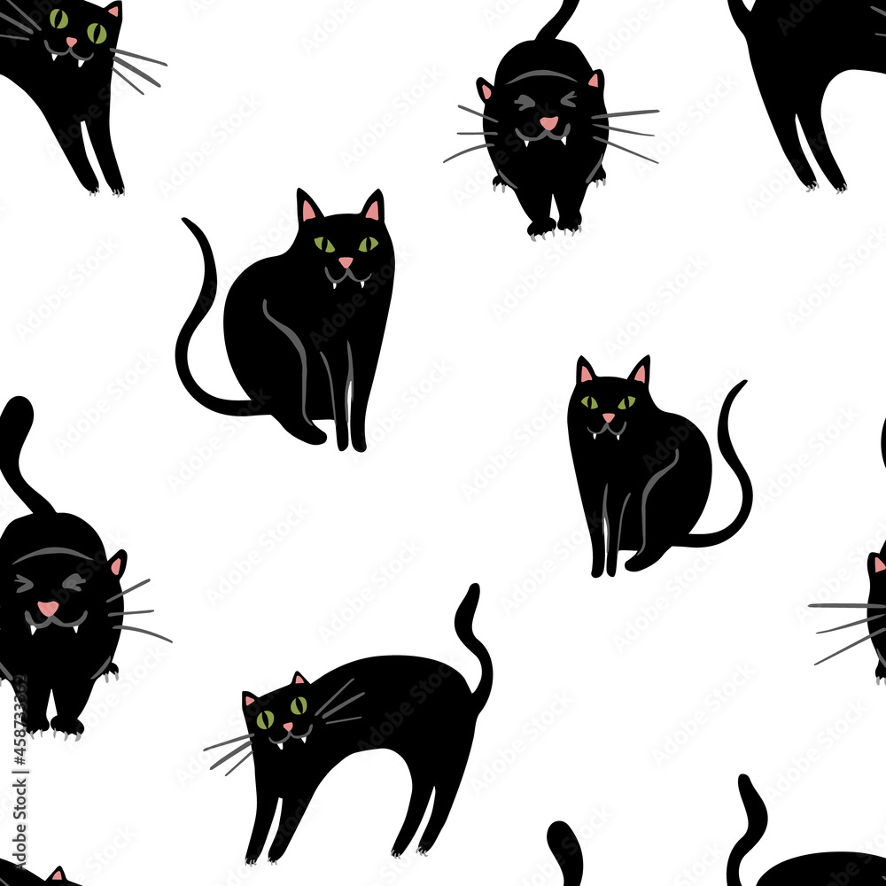 Seamless vector repeat pattern with black cheeky cat in different poses ...