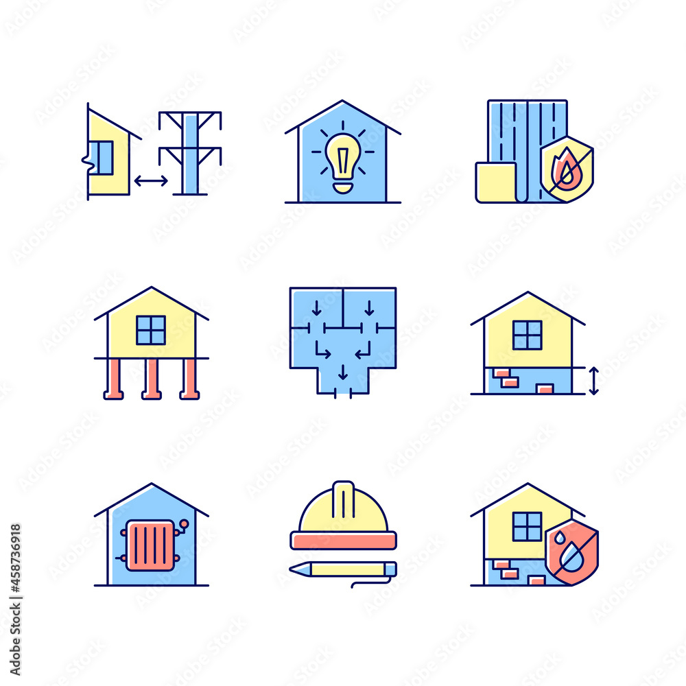 Building safety regulations RGB color icons set. Adequate housing ...