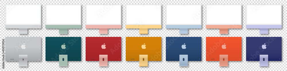 Set of realistic mockups of the new iMac 24 in all colors on an ...